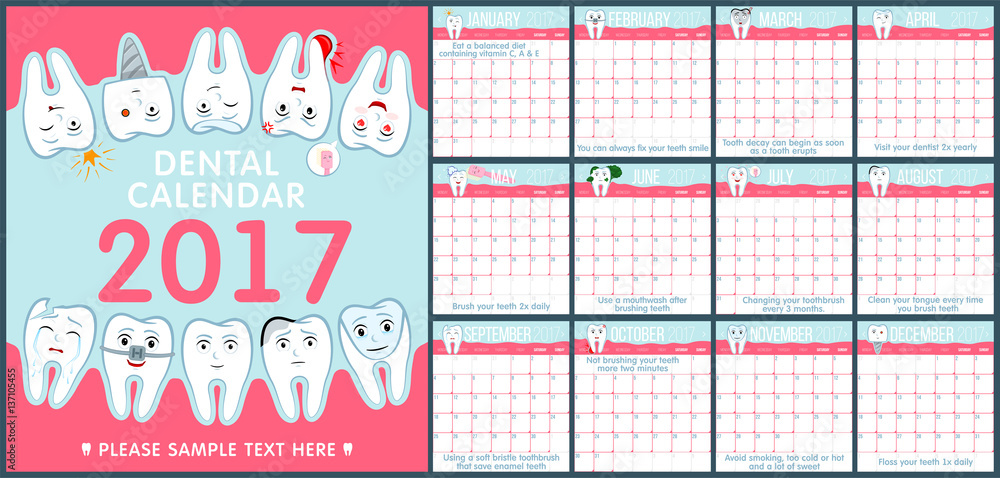 Calendar for children dentistry. Electronic dental calendar 2017. Funny ...