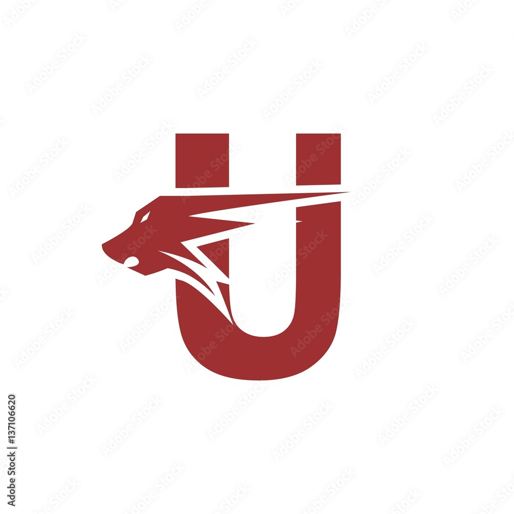 Red Initial U letter with Tiger or Wolf Logo Design Template. Vector ...