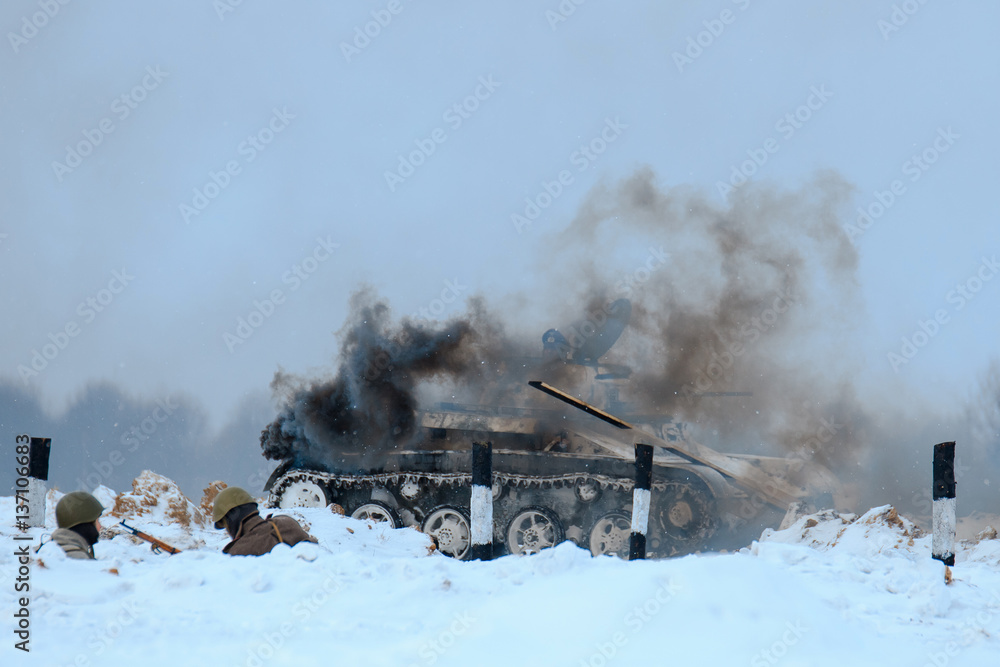 Winter view of the burning german tank (panzer) in the battle ...