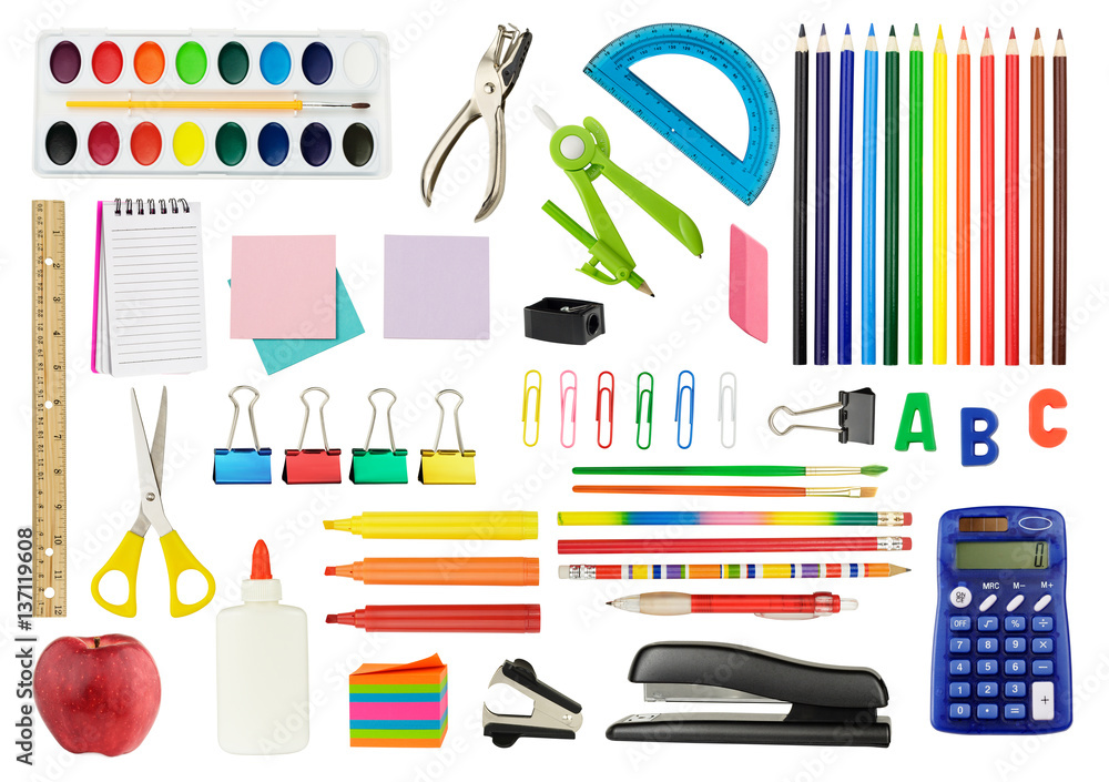Collection of various school supplies, isolated on white background ...
