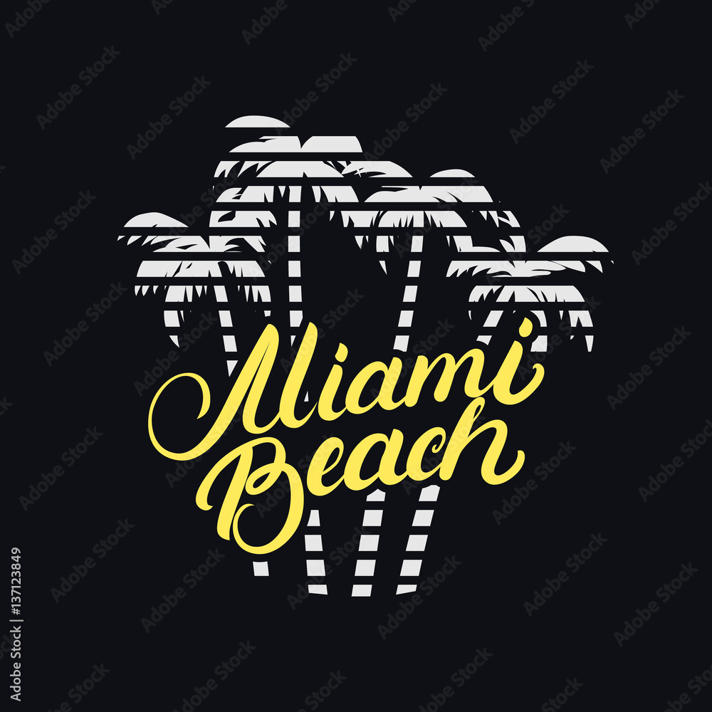 Miami Beach hand written lettering with palms for tee print, label ...