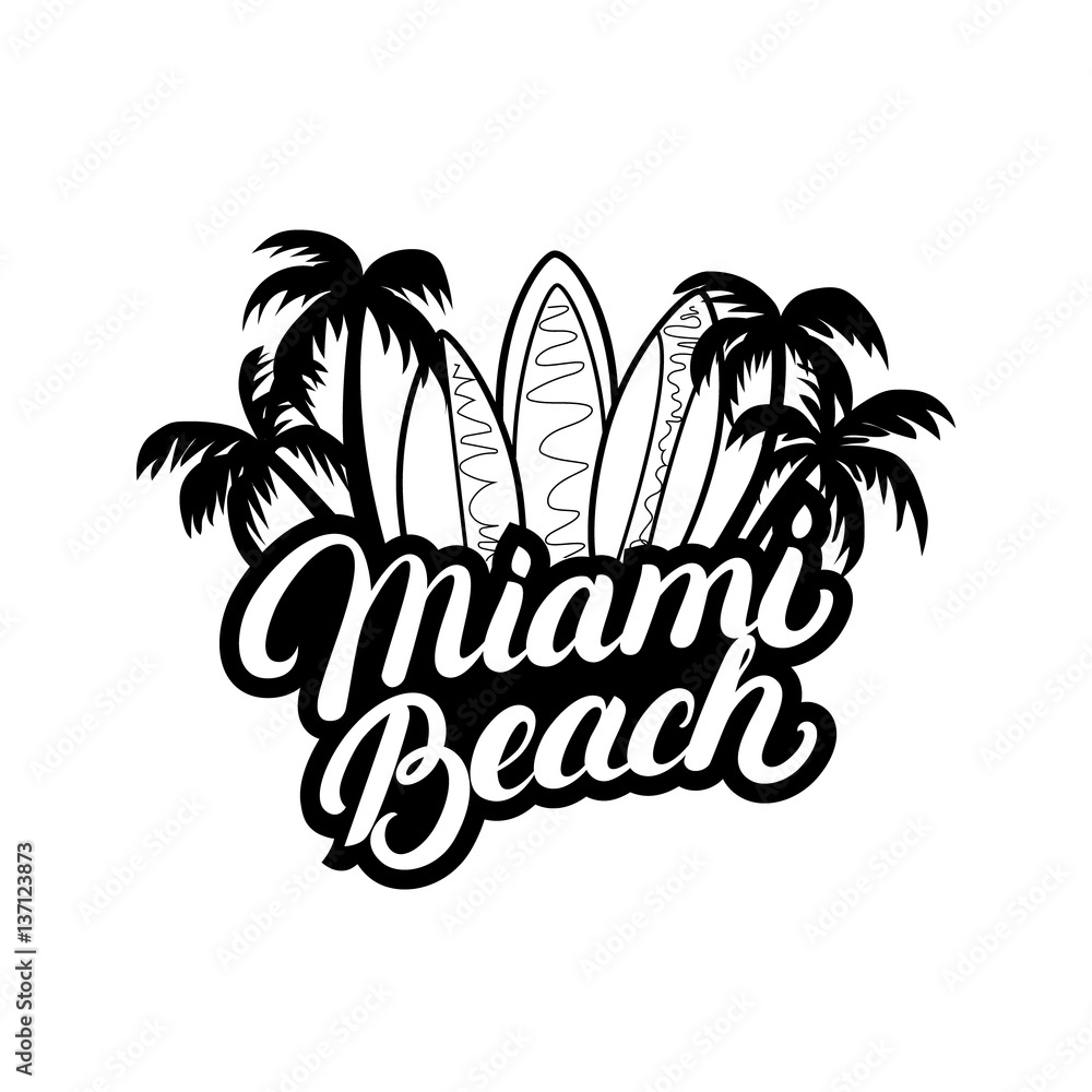 Miami Beach hand written lettering with palms and surfboards. Stock ...
