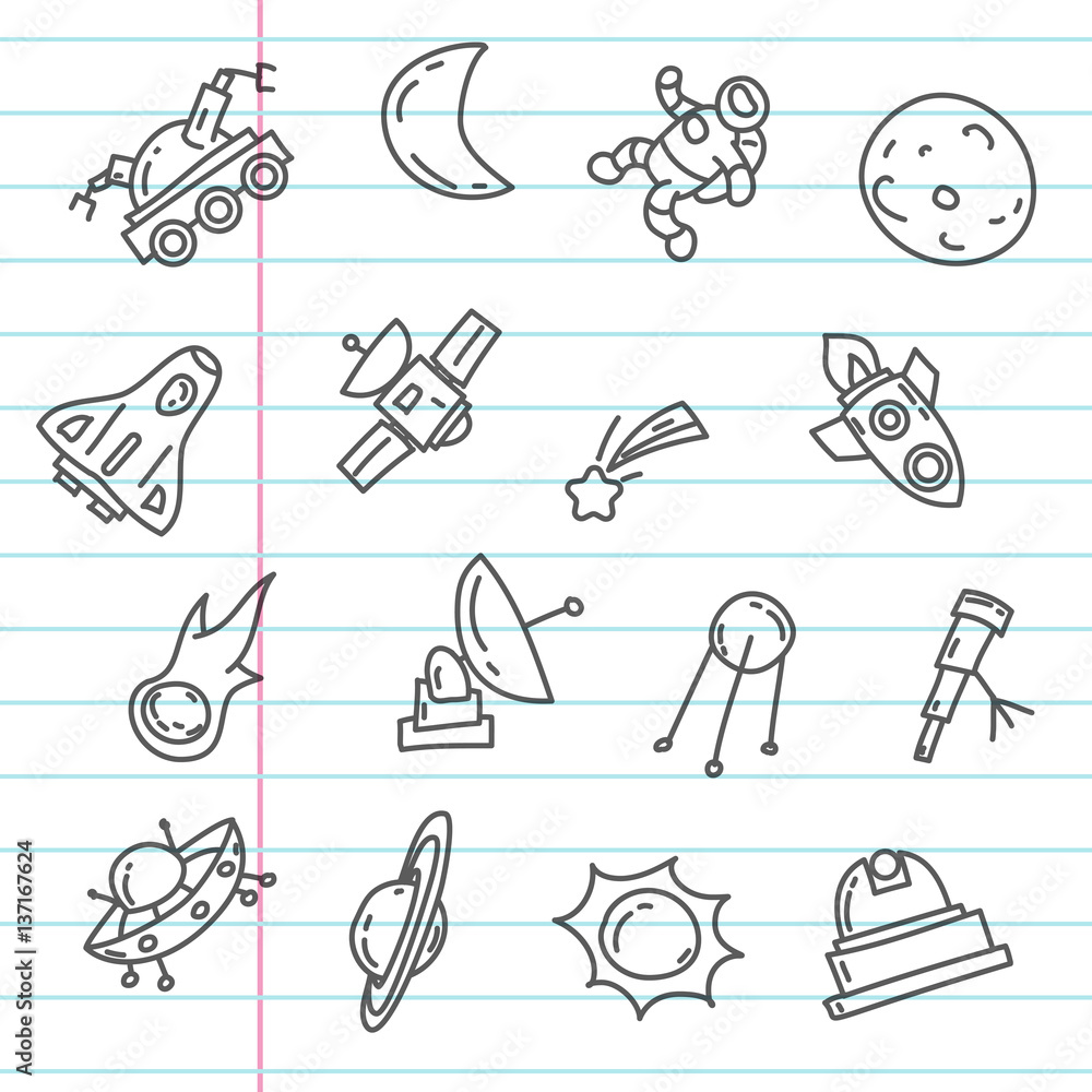 Cartoon doodles space elements drawings on notebook sheet . Hand drawn ...