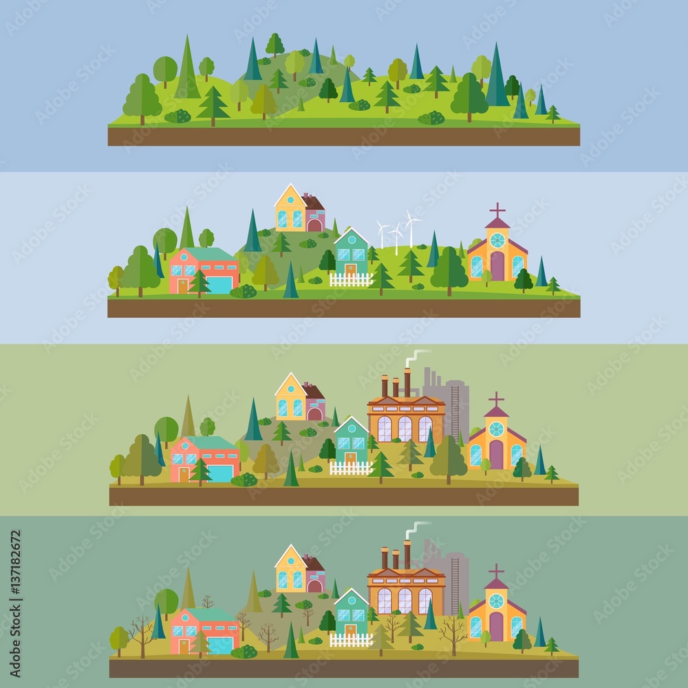 Set of four illustration. Wild forest in flat style. Eco village in ...