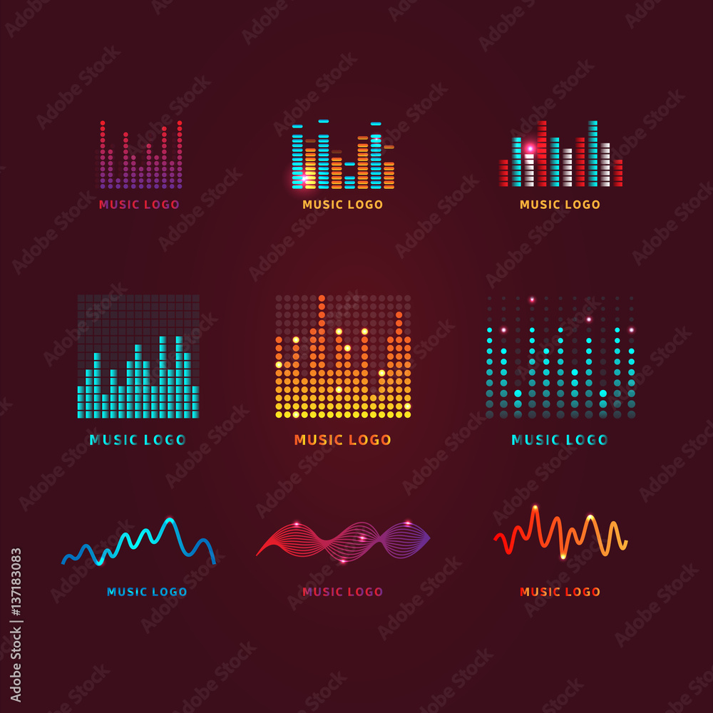 Set colorful ui ux music equalizer sound waves. Audio electronic bar ...