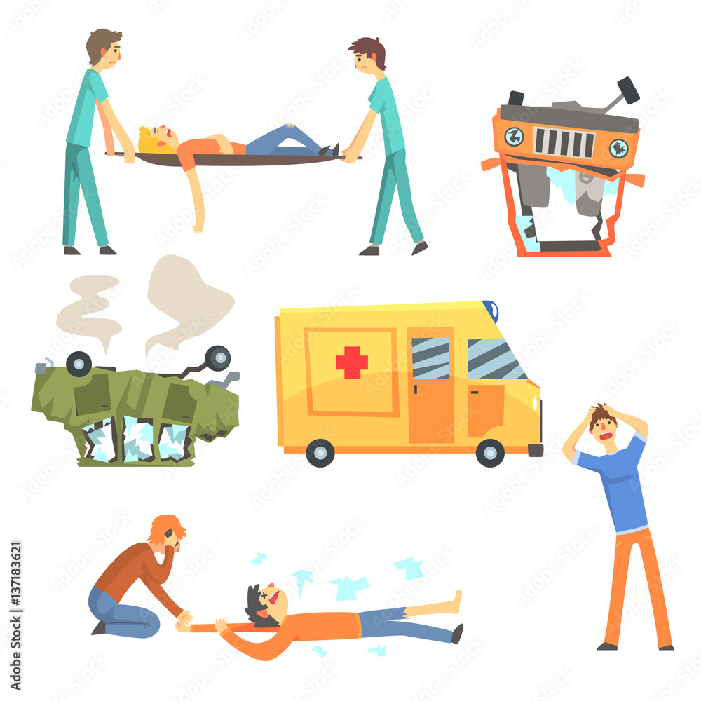 Car Road Accident Resulting In People Health Damage And Ambulance ...