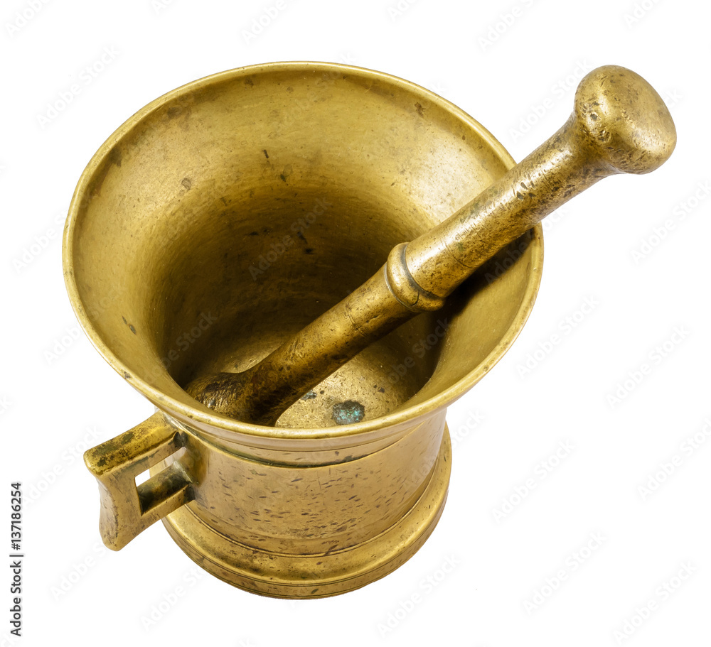 Antique bronze mortar with pestle. For grinding drugs spice. With clipping path. Stock Photo ...