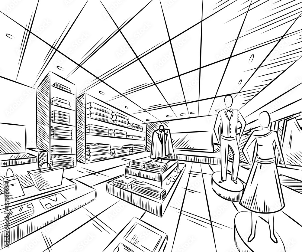Fashion store interior design in sketch style. Vintage hand drawn ...