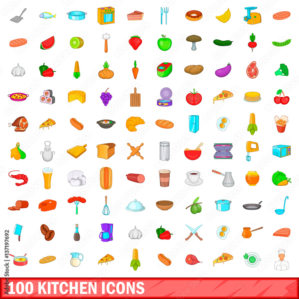 100 kitchen icons set, cartoon style Stock-Vektorgrafik | Adobe Stock