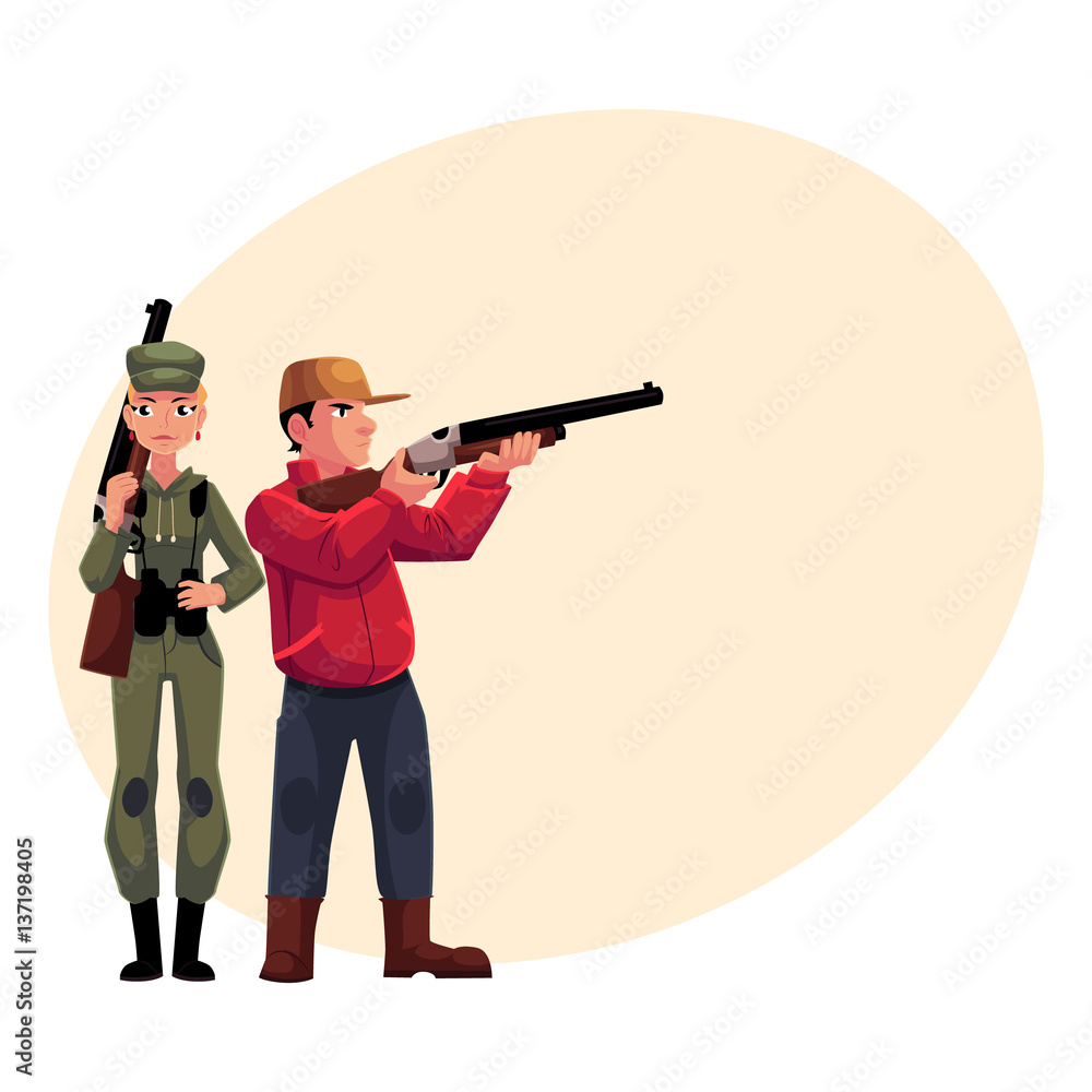 Two hunters, male and female, standing and holding rifles, cartoon ...