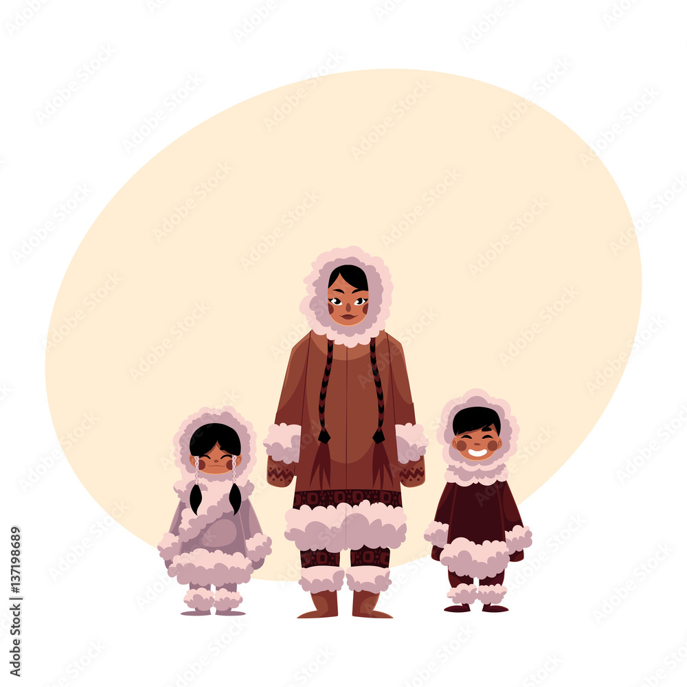 Eskimo, Inuit woman with two kids, boy and girl, in warm winter clothes ...