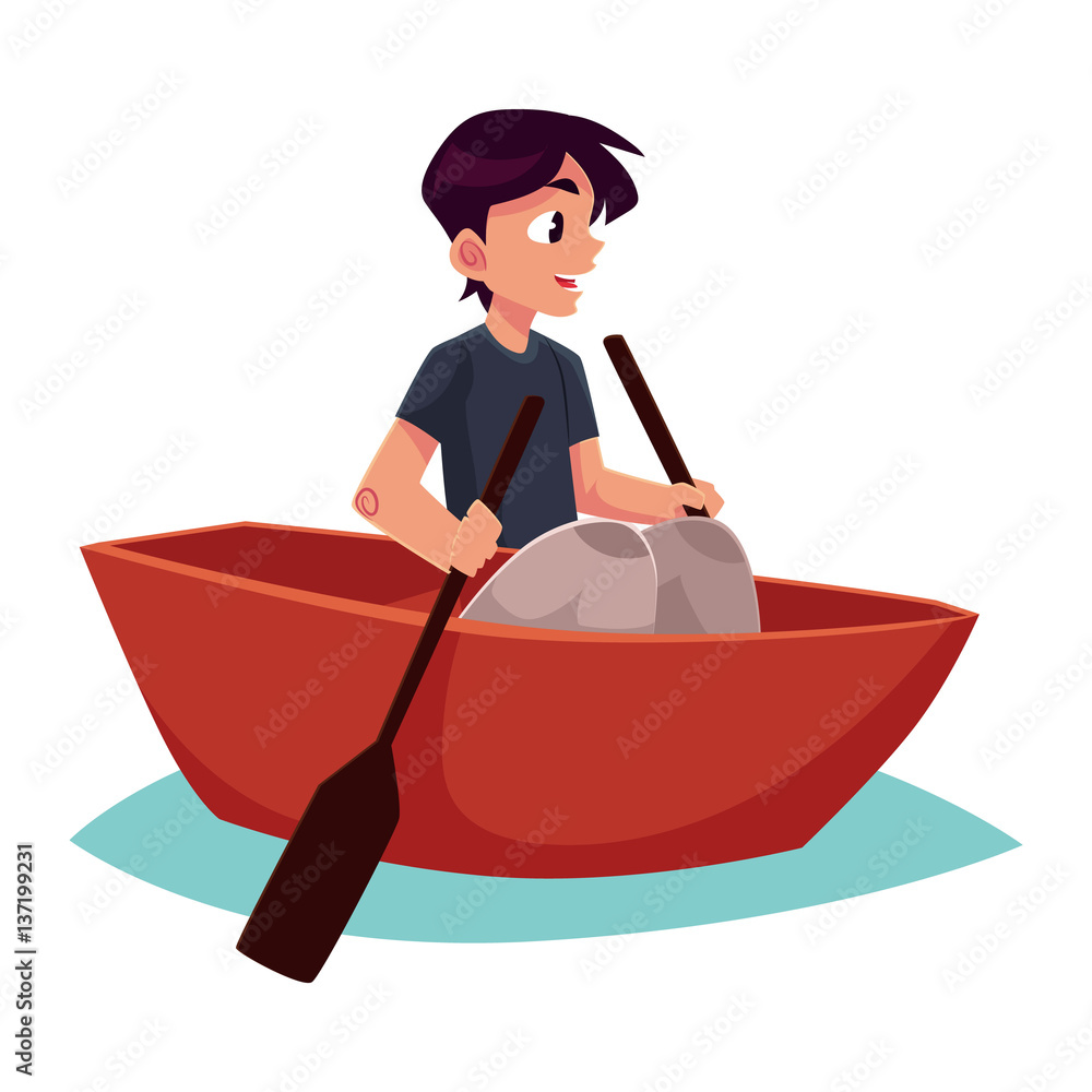 Boy swimming in little boat, kayak, summer vacation concept, cartoon ...
