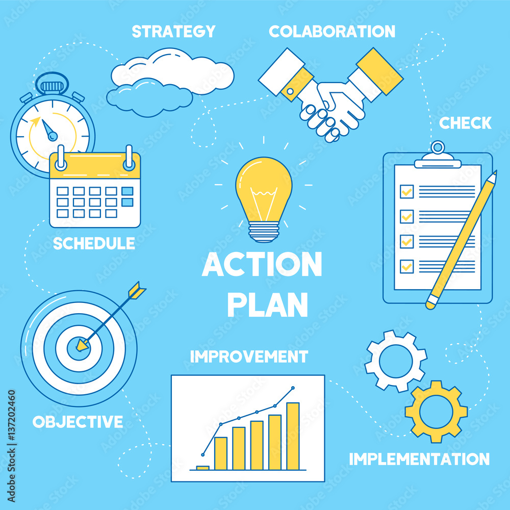 Action plan illustration. Line design strategy, collaboration ...