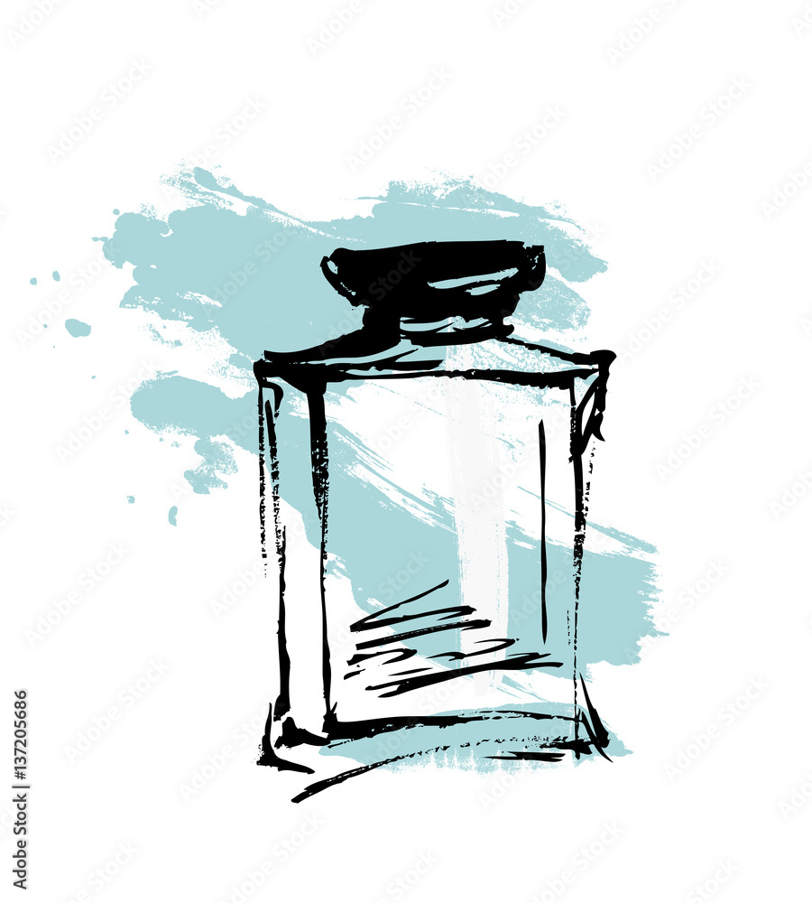 Sketch of perfume bottle isolated on white with blue splash. Aroma ...