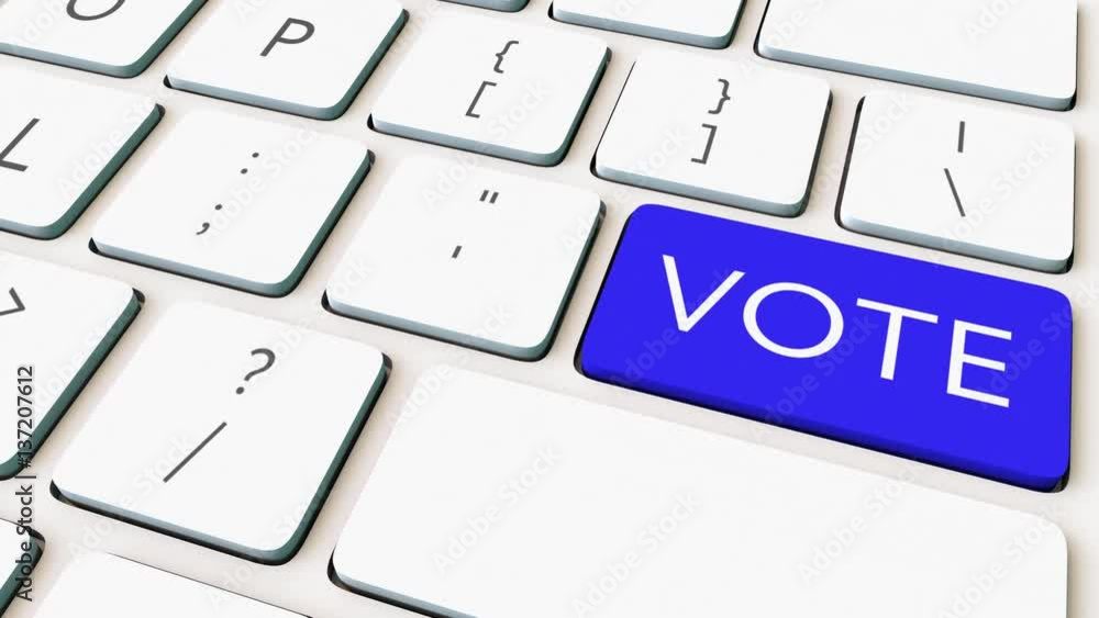 Tracking close-up shot of computer keyboard and blue vote key ...
