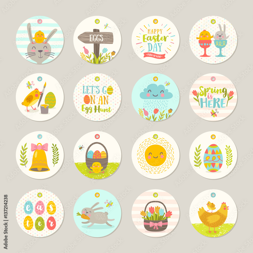 Set of Easter gift tags and labels with cute cartoon characters and ...