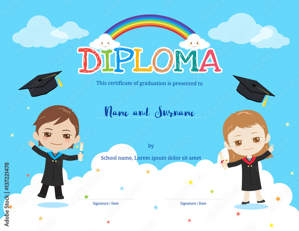 Colorful kids diploma certificate template in cartoon style with ...