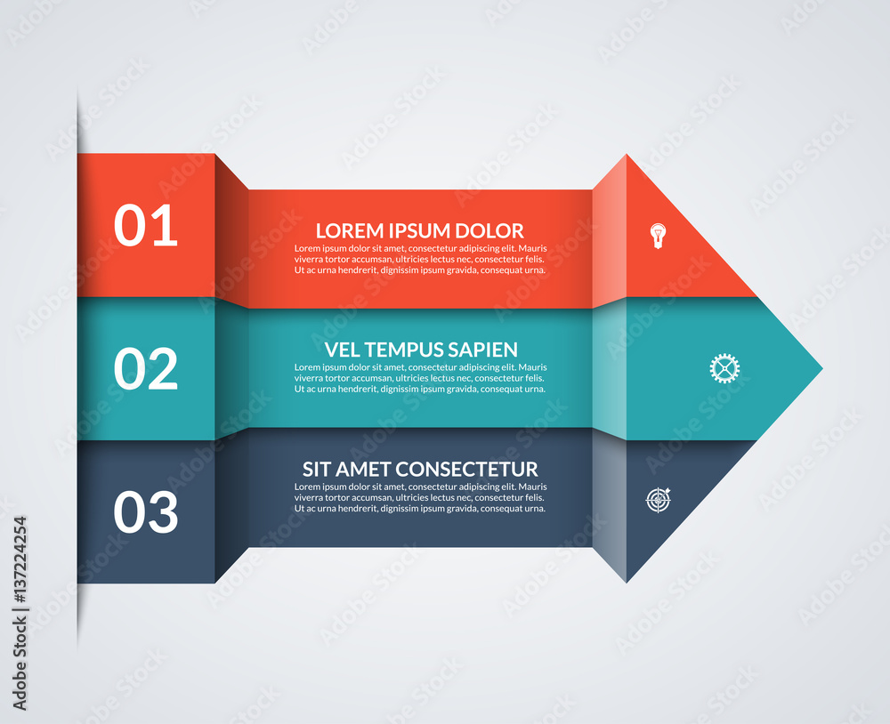 Modern minimalistic infographics. Big paper arrow of 3 colored ...