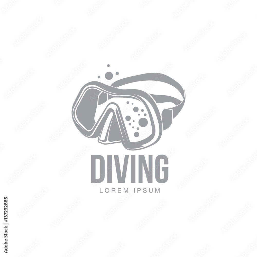 Black and white graphic diving logo template with diver mask, vector ...