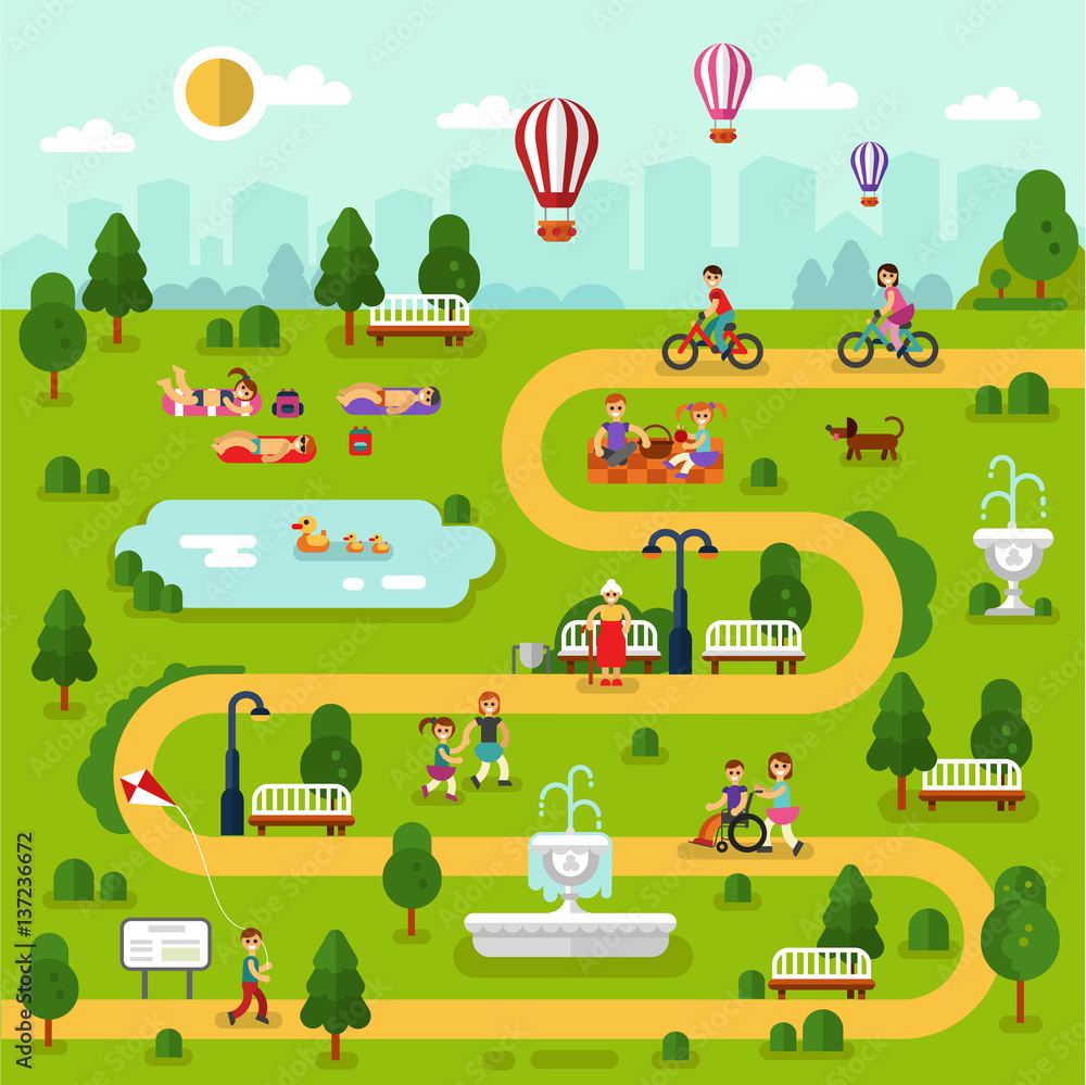Flat design vector summer landscape illustration of park map. People ...