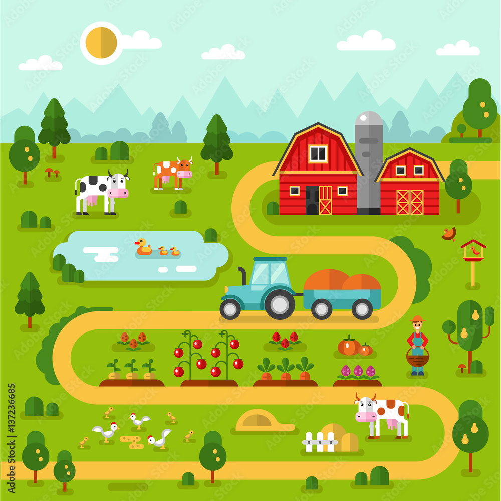 Flat design vector illustration of farm map with barn, garden, tractor ...
