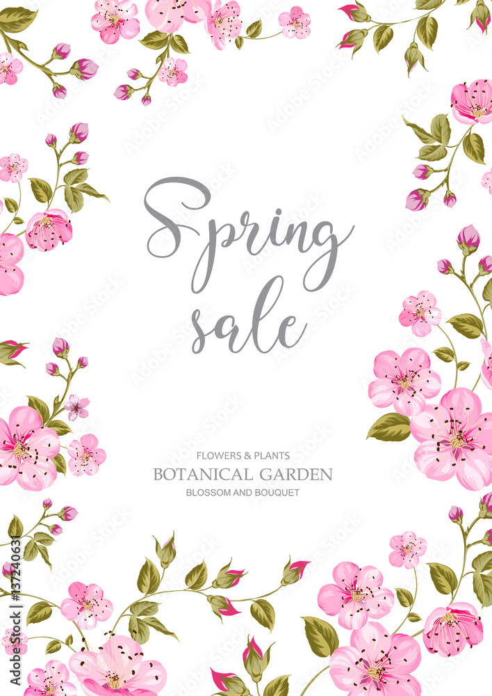 Cherry blossom sale card. Spring sale and botanical garden text over ...