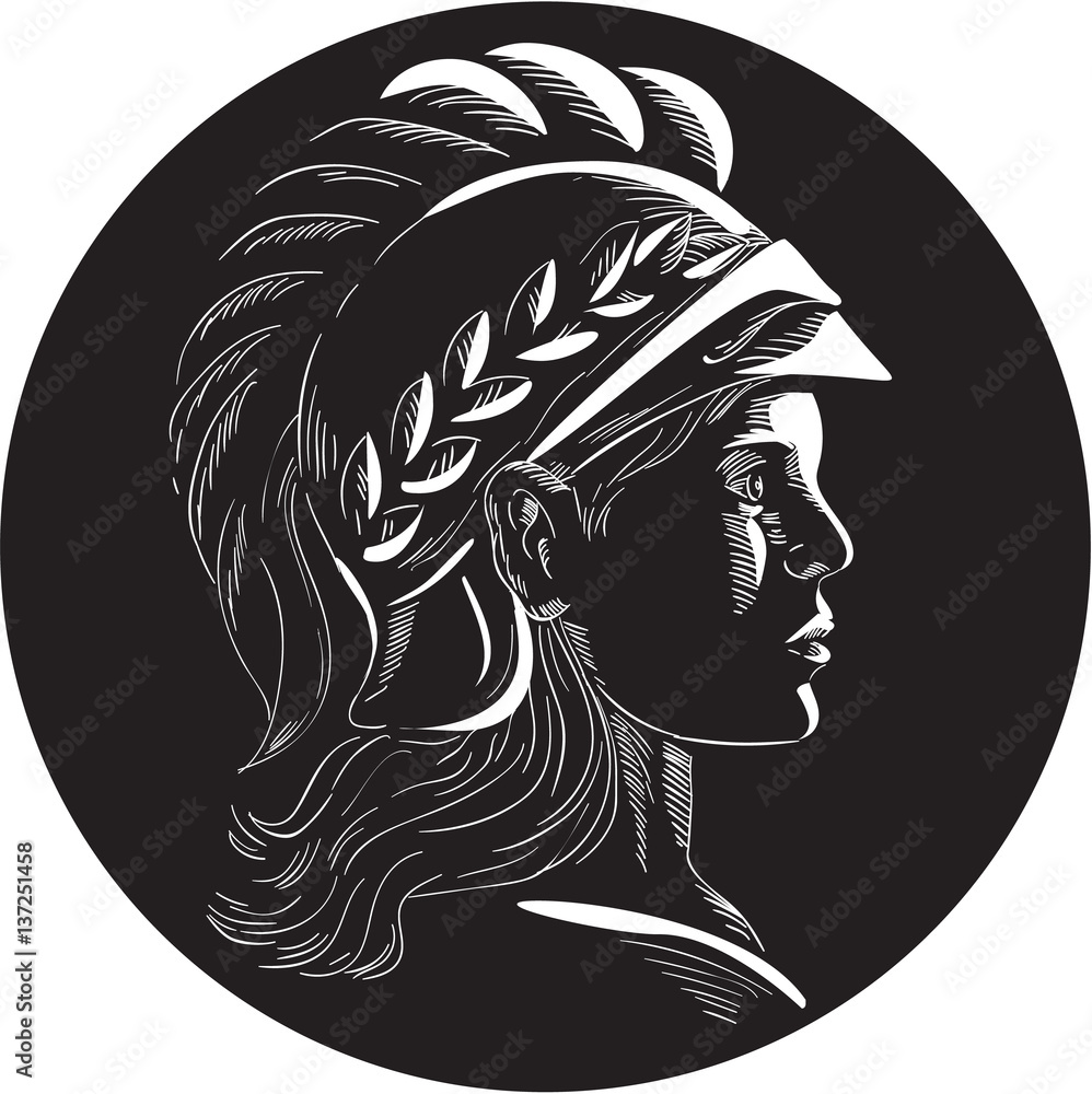 Minerva Head Side Profile Oval Woodcut Stock Vector | Adobe Stock