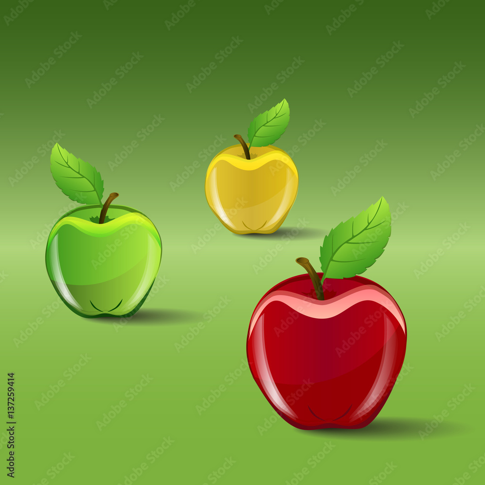 The set of red, green and yellow apples on green gradient background ...