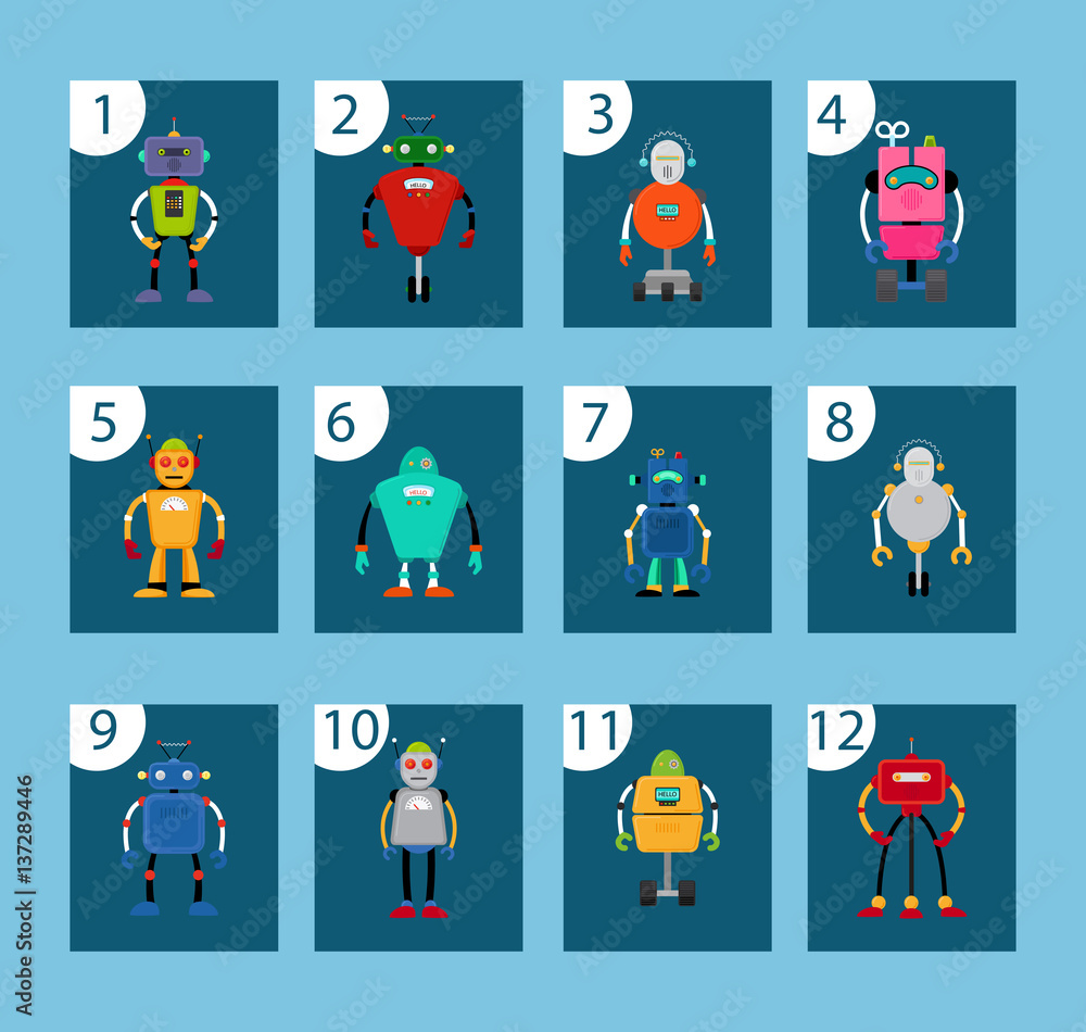 Cards with robots and numbers for kids game. Vector illustration Stock ...