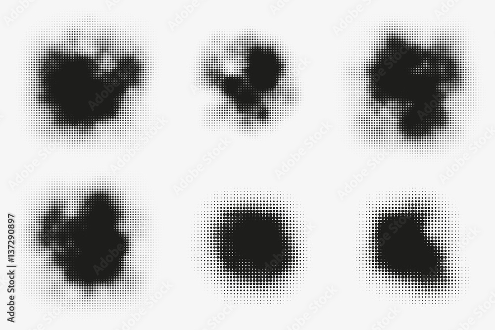 Set of abstract vector halftone stains. Black blots made of round ...