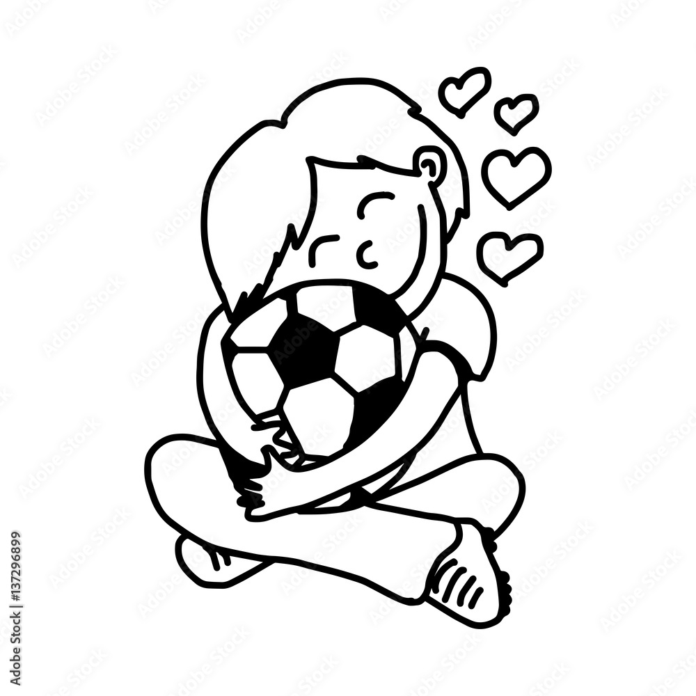 boy hugging soccer ball with love - illustration vector doodle hand ...