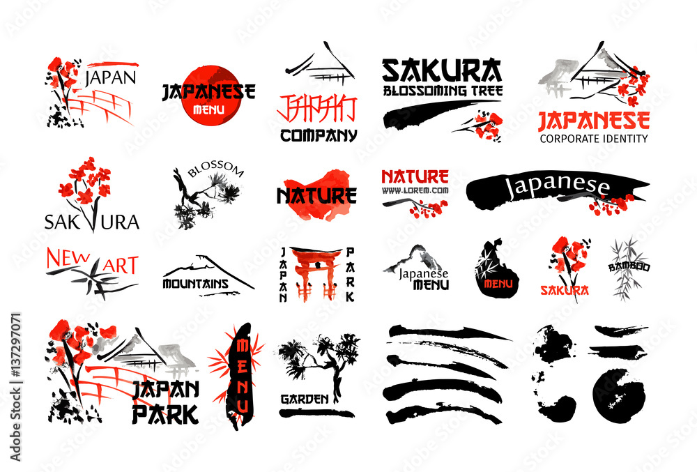 Japanese nature landscape and buildings. Red and black artistic logo ...