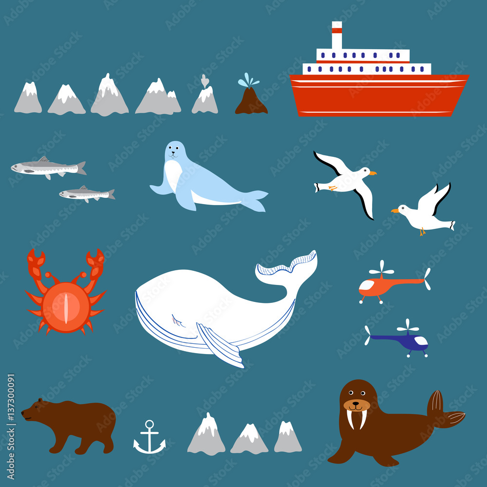 Marine set seagulls, salmon, whale, seal, walrus, ship, volcano, geyser ...
