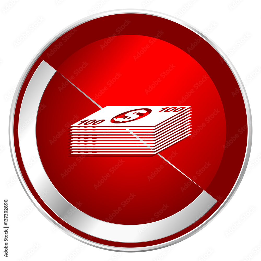 Money red web icon. Metal shine silver chrome border round button ...