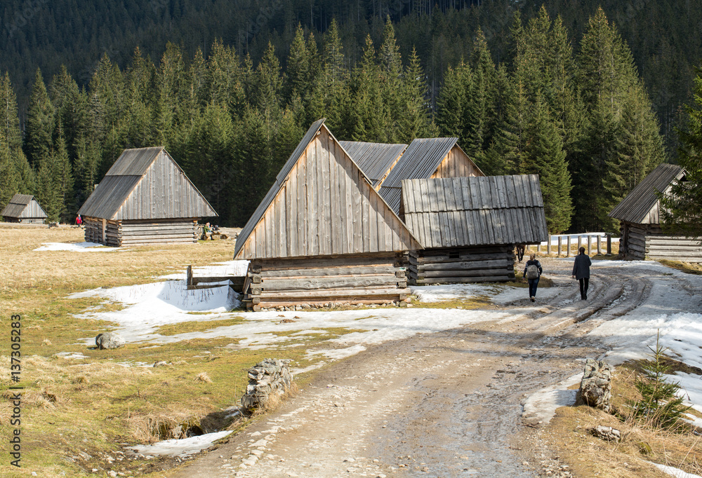 Wooden huts in Chocholowska valley in spring, Tatra Mountains, Poland ...