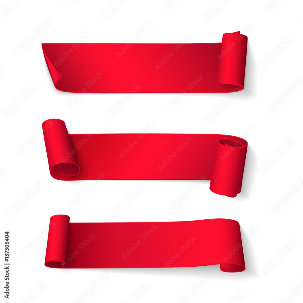 Set of short curved red ribbons. Vector realistic elements for banners ...