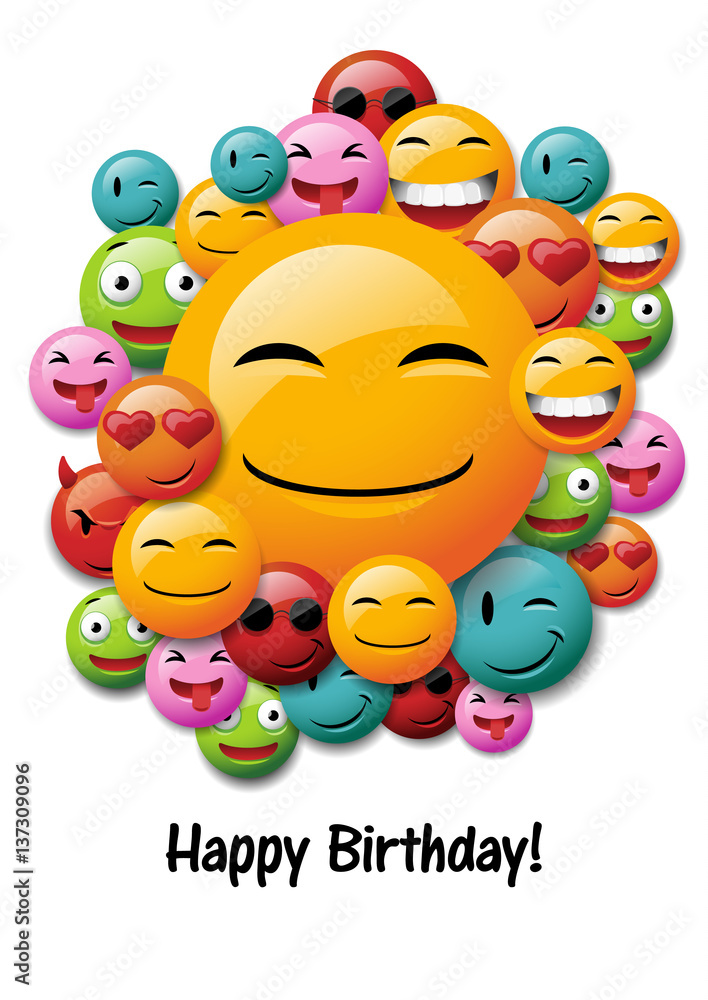 Happy Birthday, greeting card design with colorful emoticons, eps10 ...