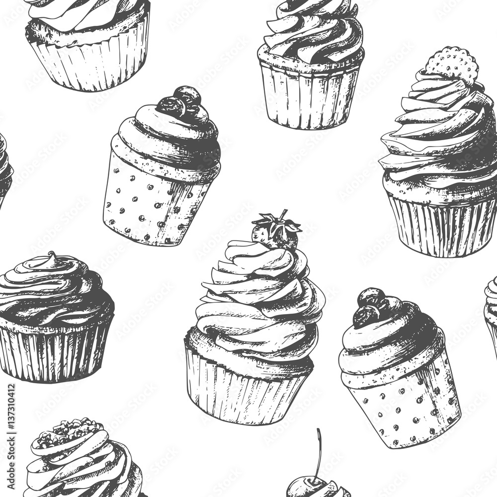 Hand drawn vintage cupcake sketch repeating pattern, black and white ...