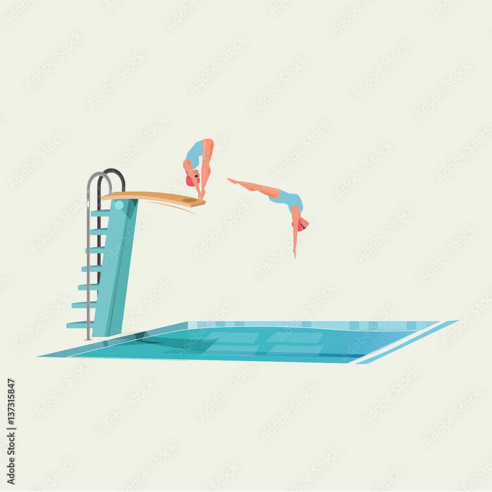 sport women standing on diving board, preparing to jump and dive ...