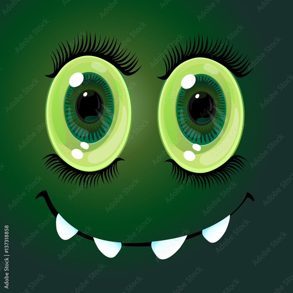 Cartoon anime monster face with big toothy smile and long eyelashes ...