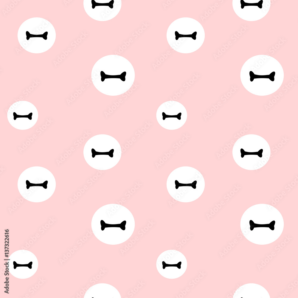 cute lovely black bone in white circle on pink background, seamless ...