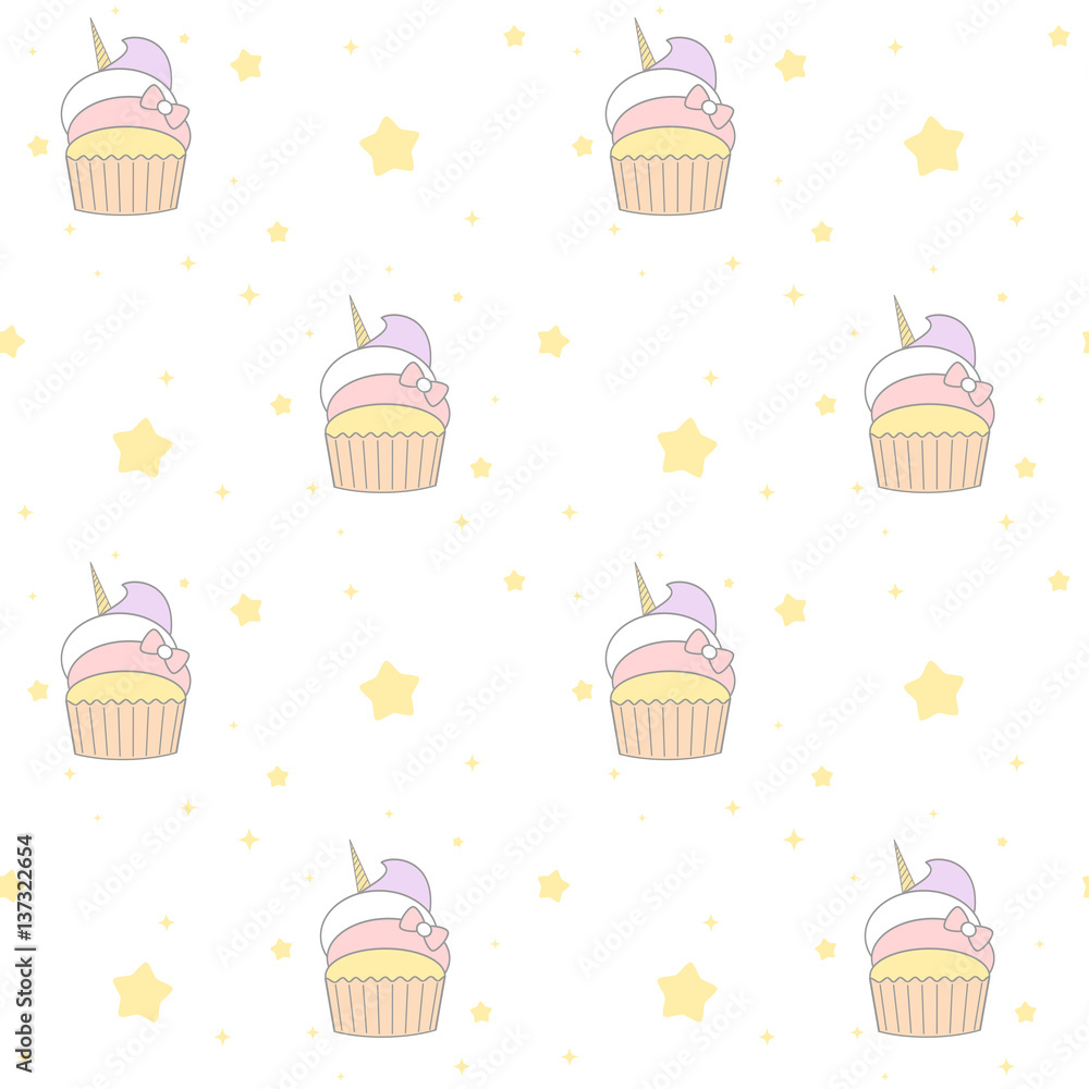 cute cartoon unicorn cupcake seamless vector pattern background ...