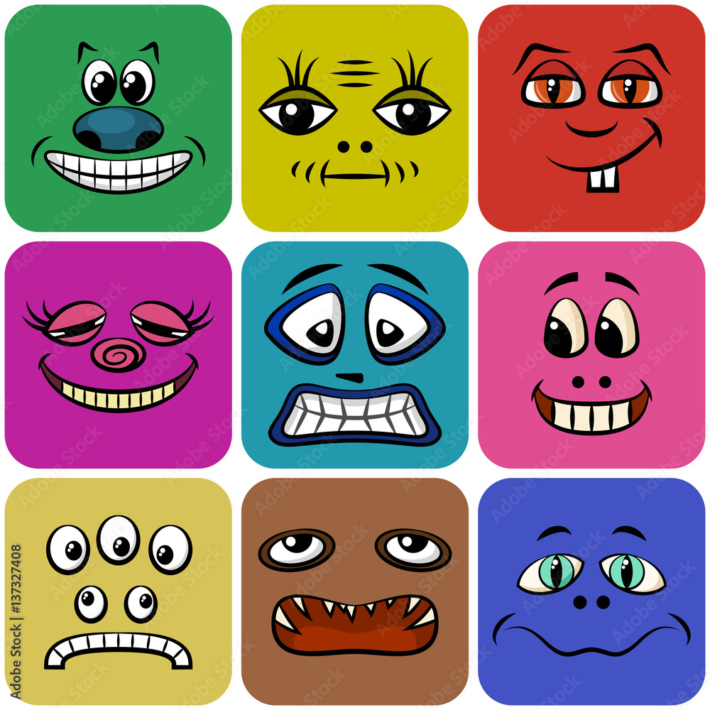 Set of Smileys, Monsters, Funny Cartoon Characters, Different Faces in ...