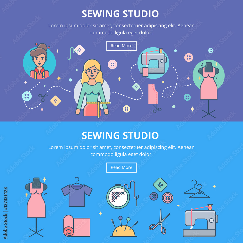 Sewing studio, tailoring services vector web banners Stock Vector ...
