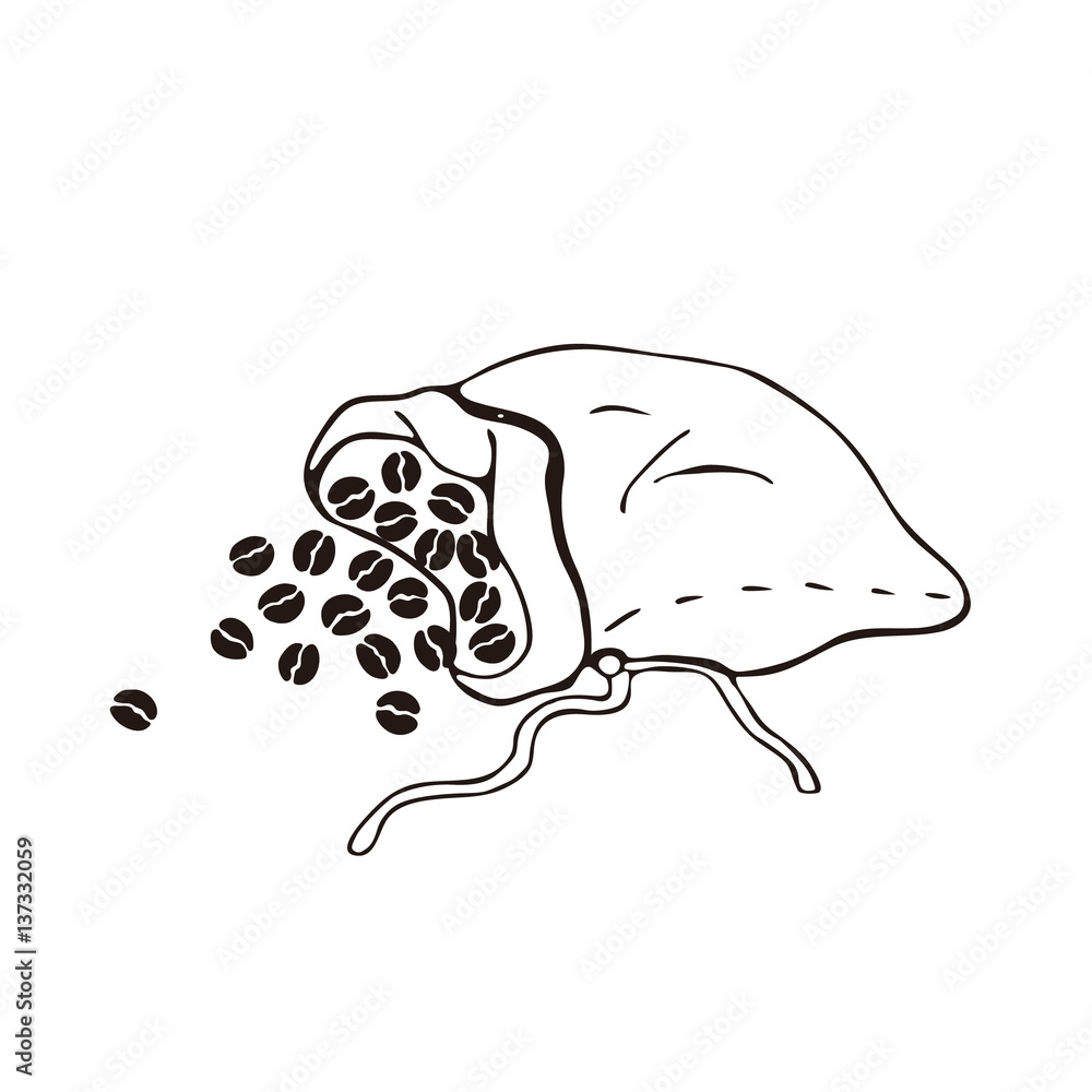Hand drawn bag with coffee beans isolated on white background. Line art ...