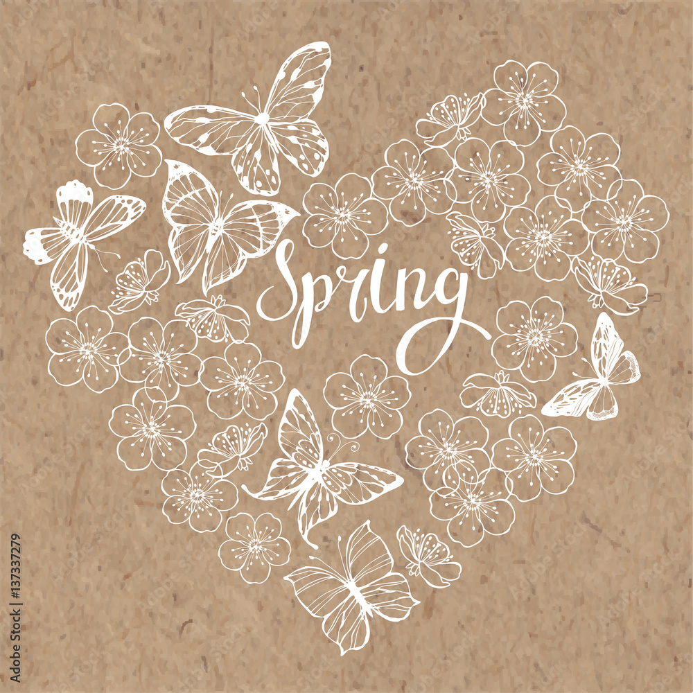 Spring background with butterflies and flowers of cherry. Vector ...