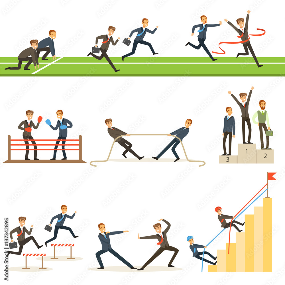 Business Competition Set Of Illustrations With Businessman Running And ...