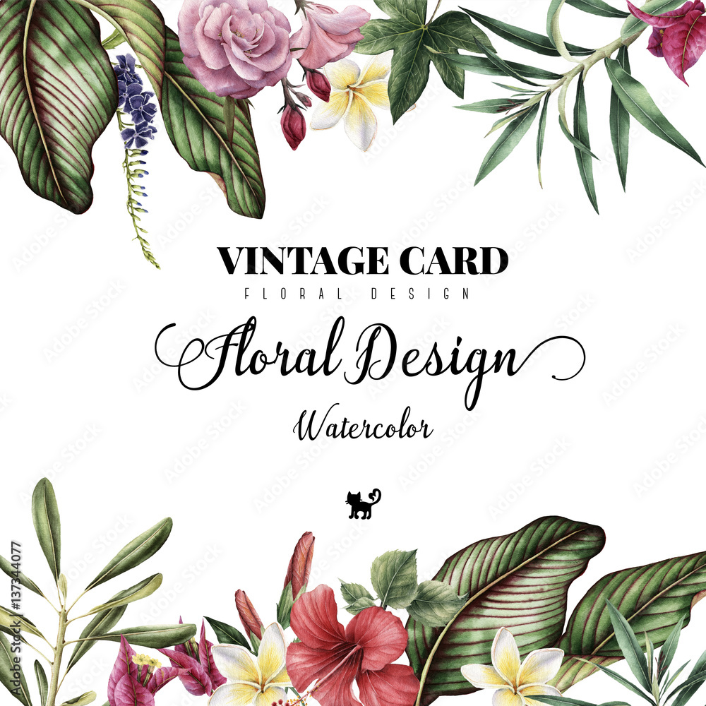 Greeting card with tropical flowers, watercolor, can be used as ...