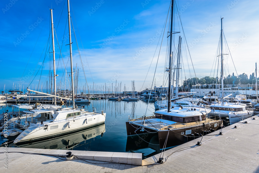 Catamaran marina Split Croatia. / Scenic view at largest marina in town ...