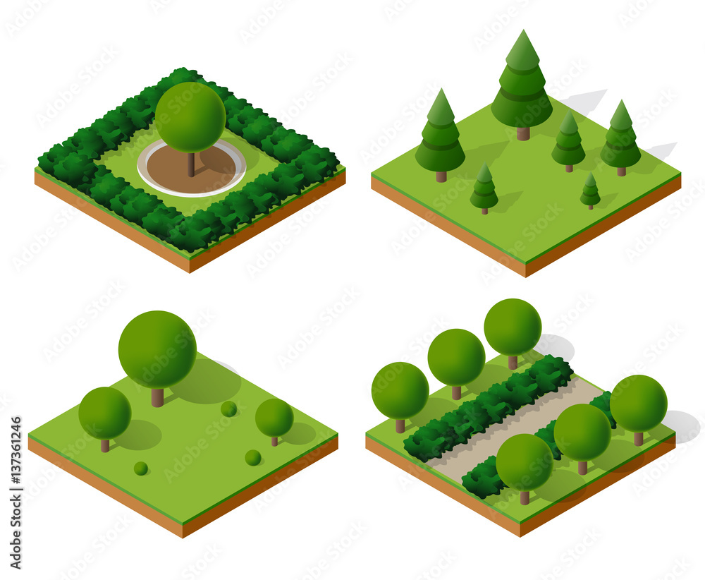 Isometric 3d trees forest camping nature elements white background for ...